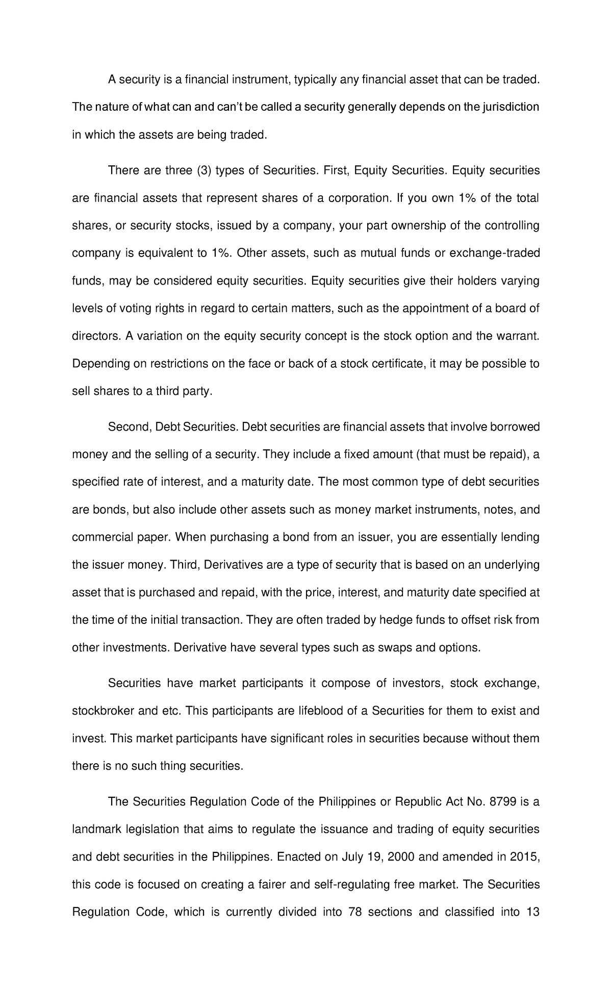 Concept map essay part - A security is a financial instrument ...