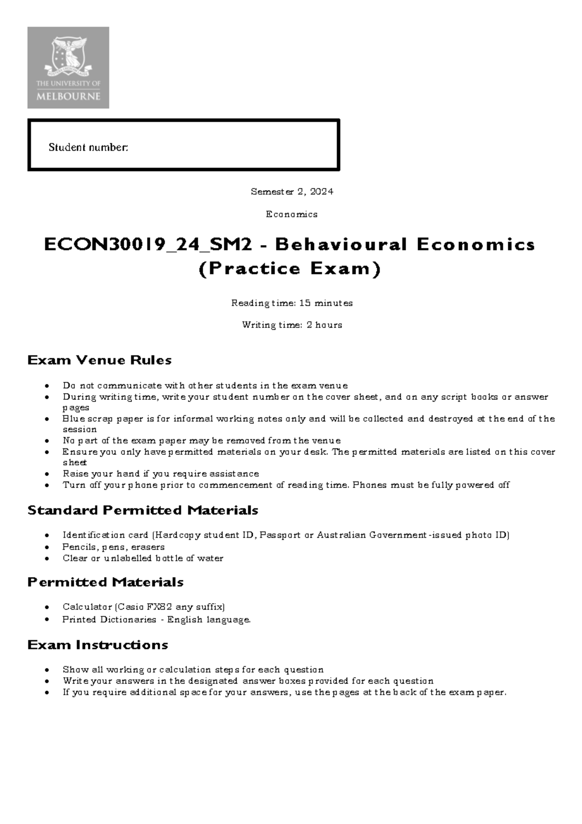 ECON30019 Practice Exam 2024 - Semester 2, 202 4 Economics ECON30019_24 ...