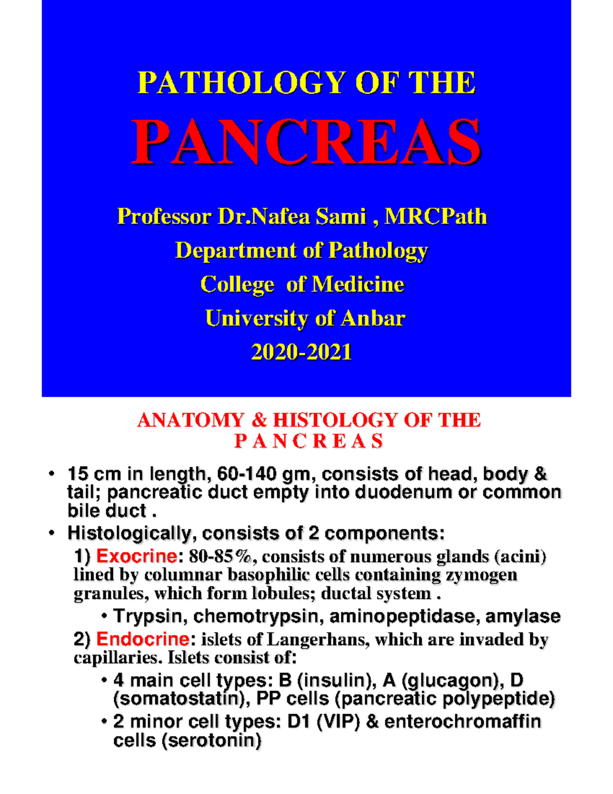 Pathology OF THE Pancreas - PATHOLOGY OF THE PANCREAS Professor Dr Sami ...