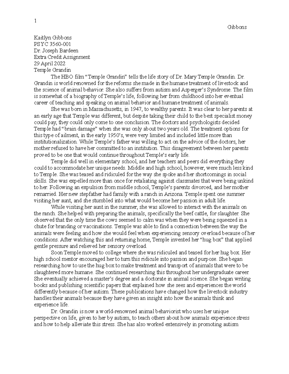 Temple Grandin Extra Credit Paper - 1 Gibbons Kaitlyn Gibbons PSYC 3560 ...