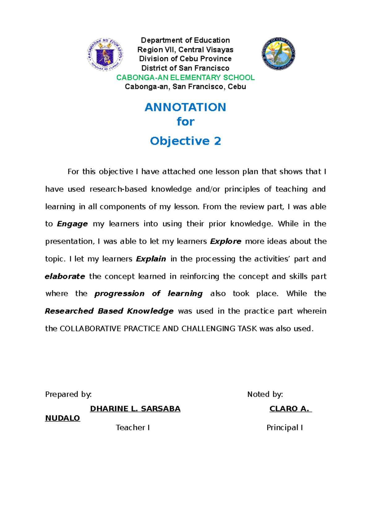 Annotation for Objective 2 - Department of Education Region VII, Central Visayas Division of ...