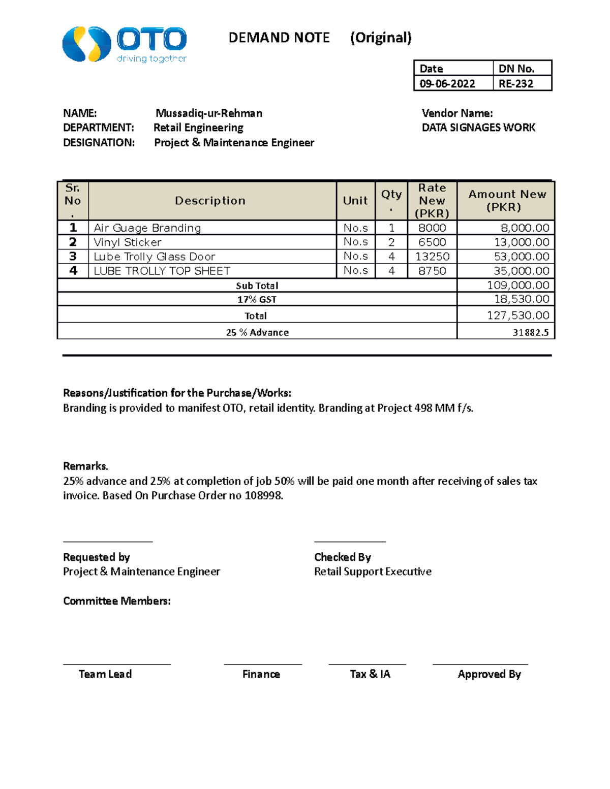 Demand note# 232 Data lube trolly repairing - DEMAND NOTE (Original ...
