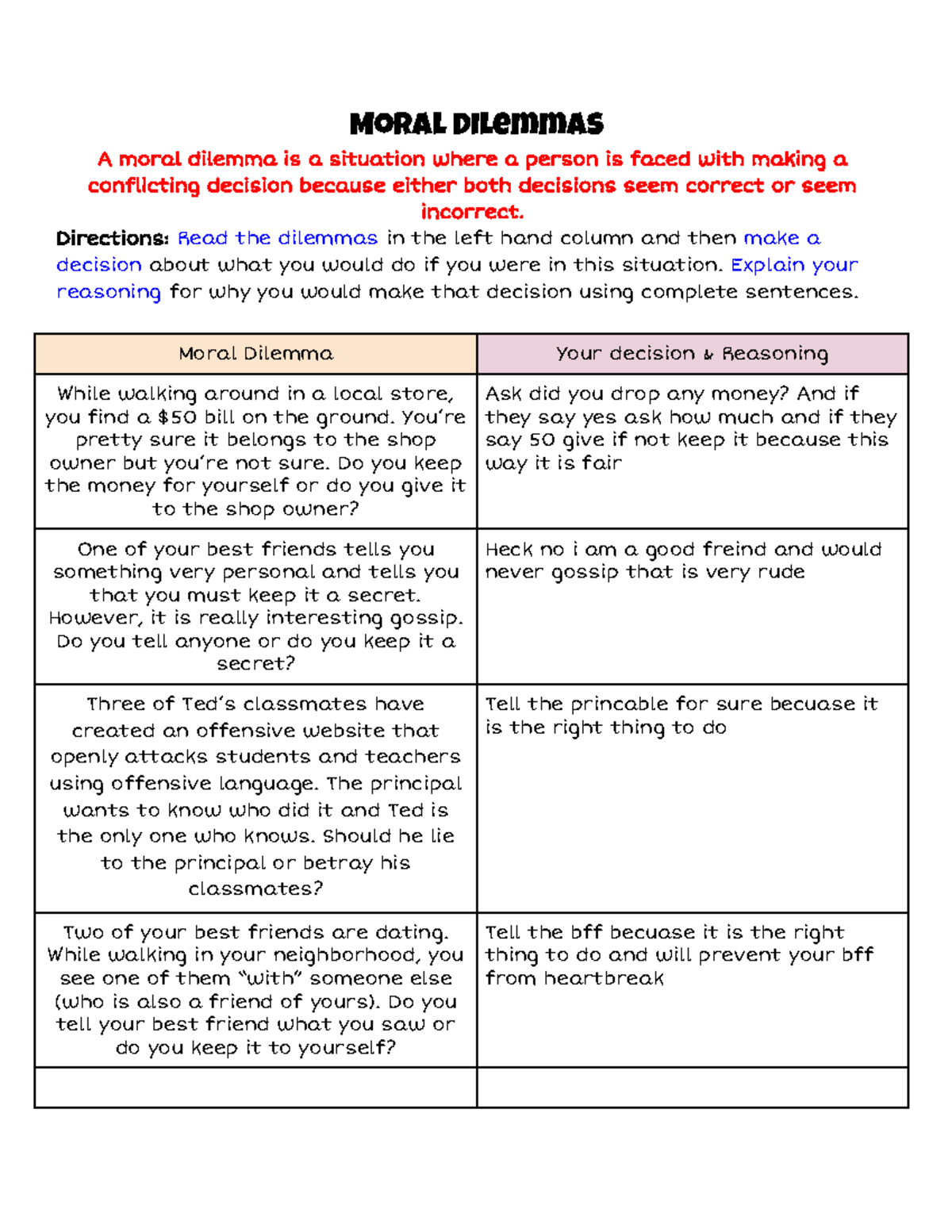 Moral Dilemmas Practice Decision Making - Moral Dilemmas A moral ...