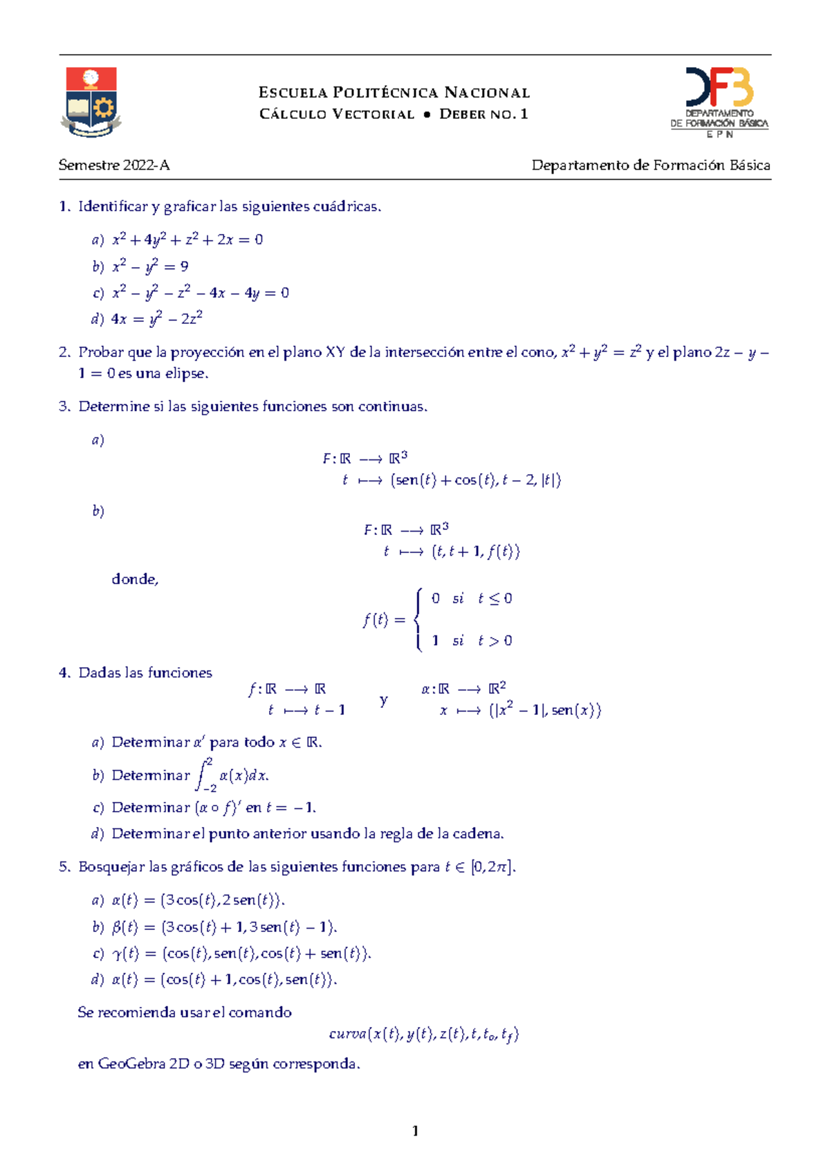 CV-Deber 1 - Deber 1 calculo vectorial . Tarea para realizarla de manera individual - - Studocu