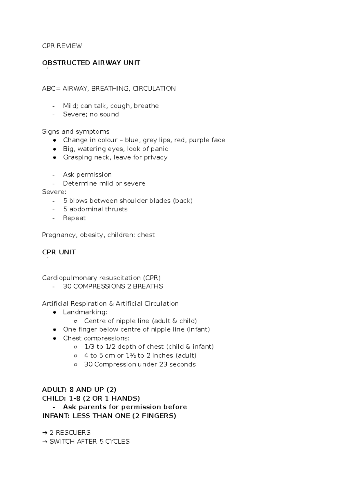 CPR Review - cpr notes - CPR REVIEW OBSTRUCTED AIRWAY UNIT ABC= AIRWAY ...