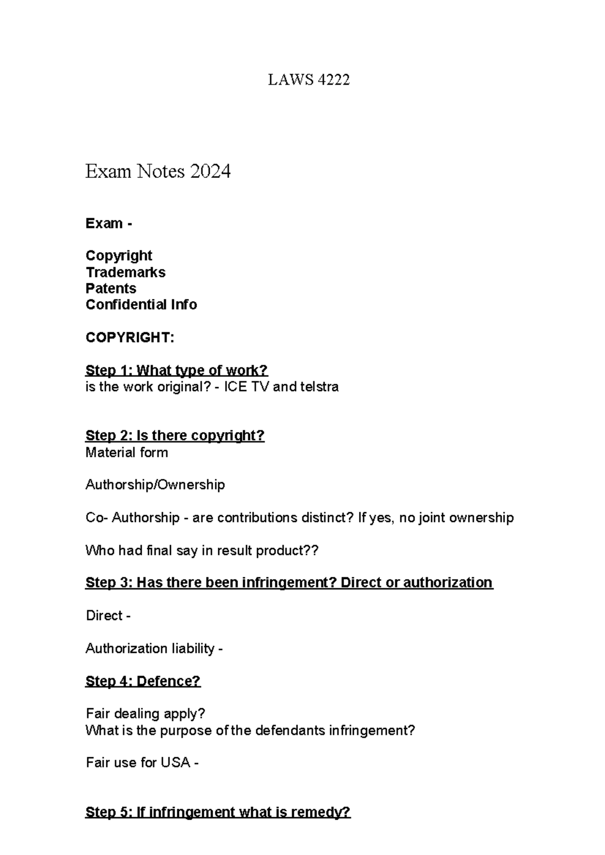 IP Exam Prep Notes - LAWS 4222 Exam Notes 2024 Exam - Copyright ...