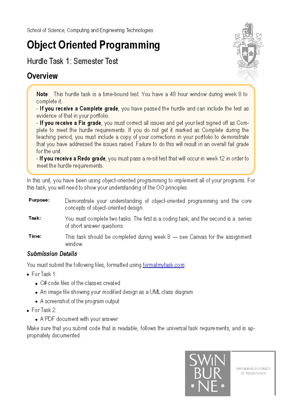 Cos20007 Oop Semester Test Questions School Of Science Computing And Engineering