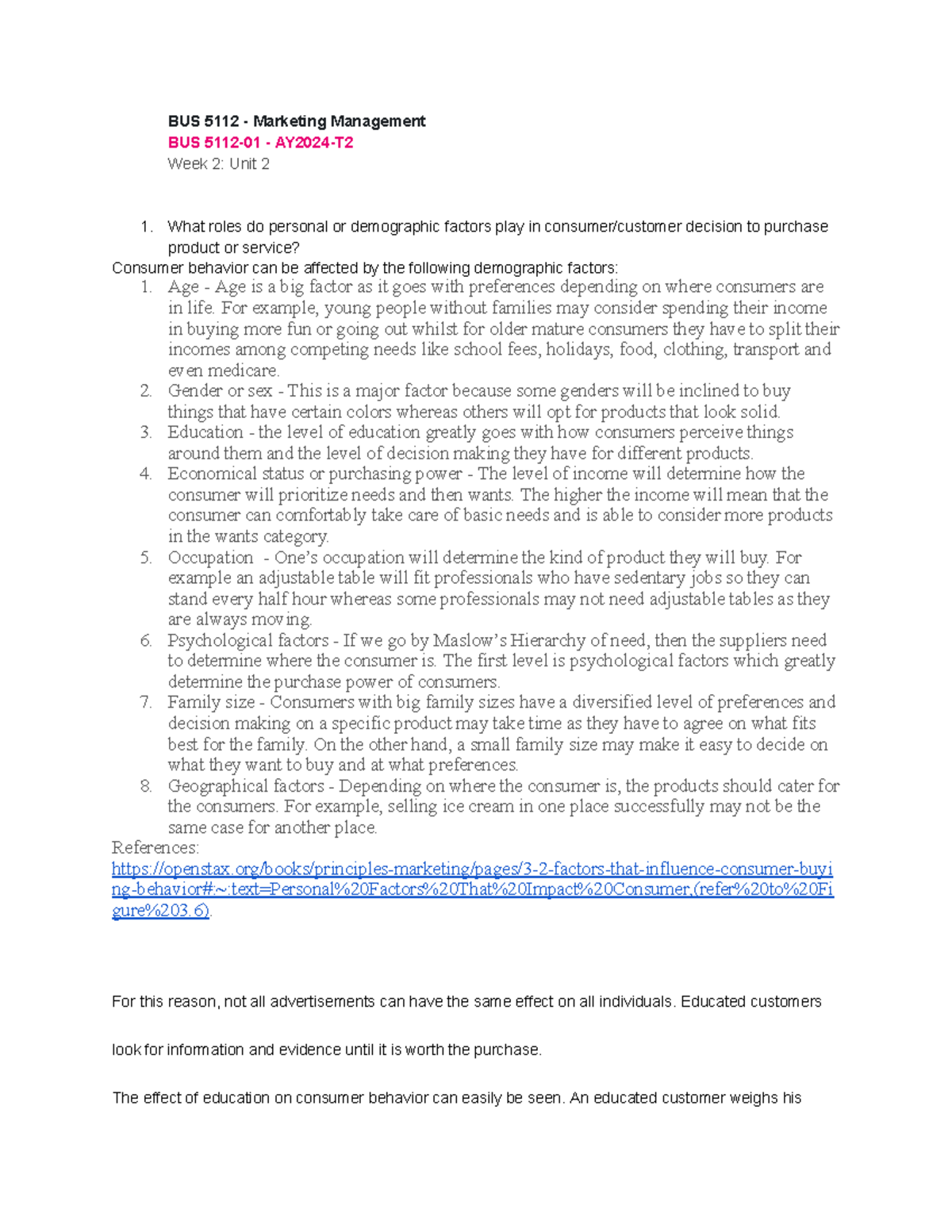 BUS 5112 - Marketing Management Discussion Forum Unit 2 - BUS 5112 ...