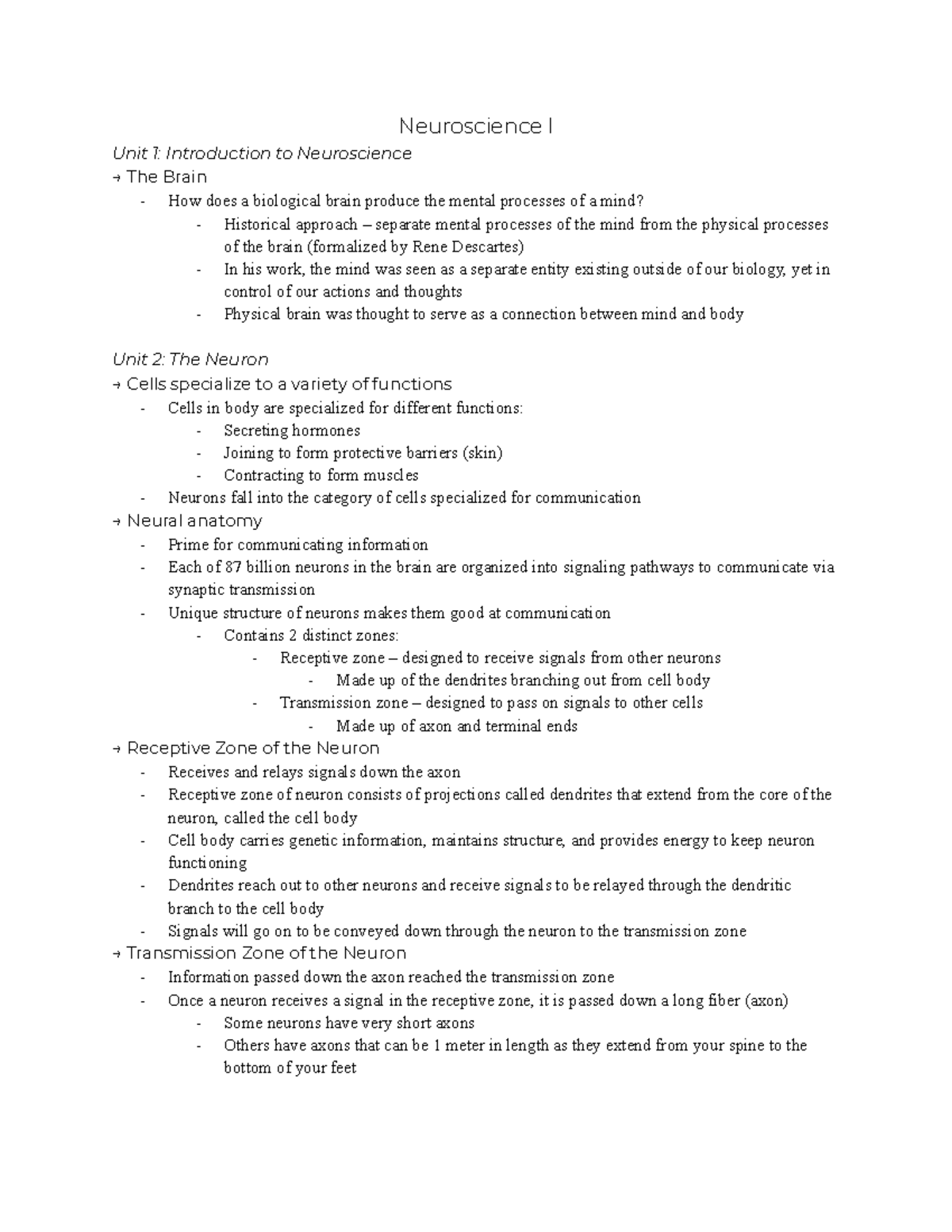Neuroscience I - notes - Neuroscience I Unit 1: Introduction to ...