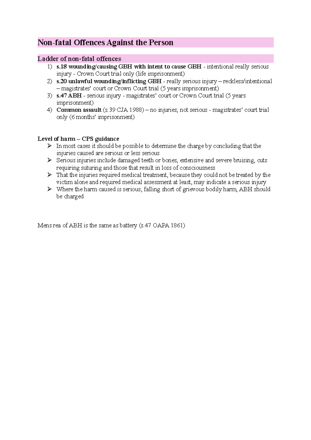 Criminal law 2 OAP dex notes - Non-fatal Offences Against the Person ...