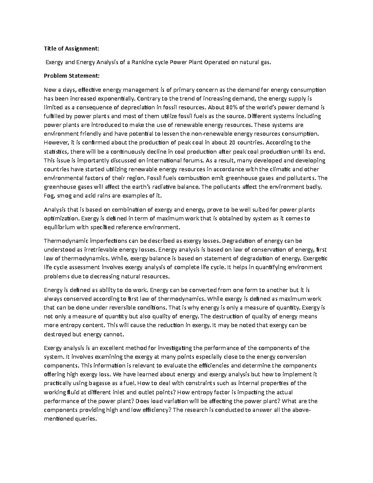 Assignment-2 - abc - Title of Assignment: Exergy and Energy Analysis of ...