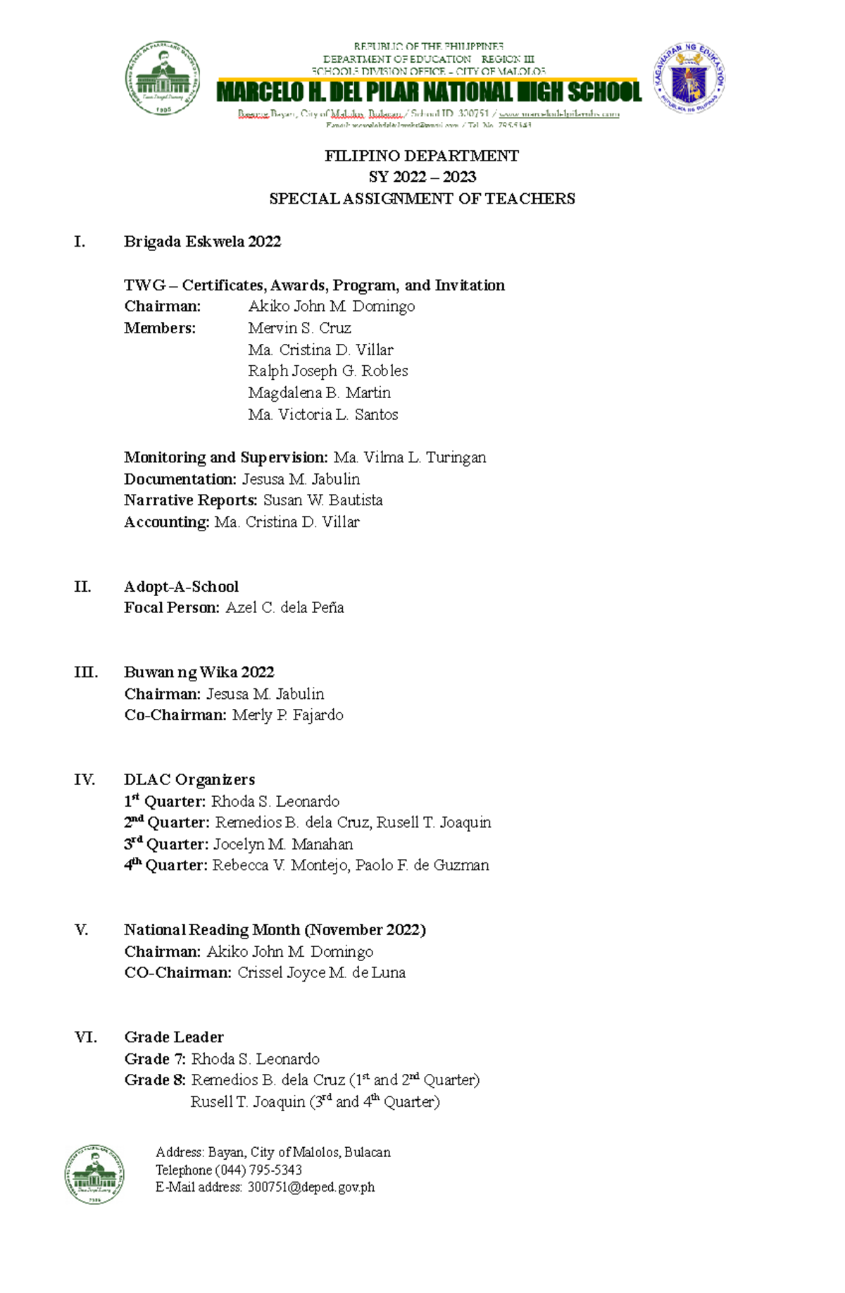 Filipino Department SY 2022-2023 - FILIPINO DEPARTMENT SY 2022 – 2023 ...