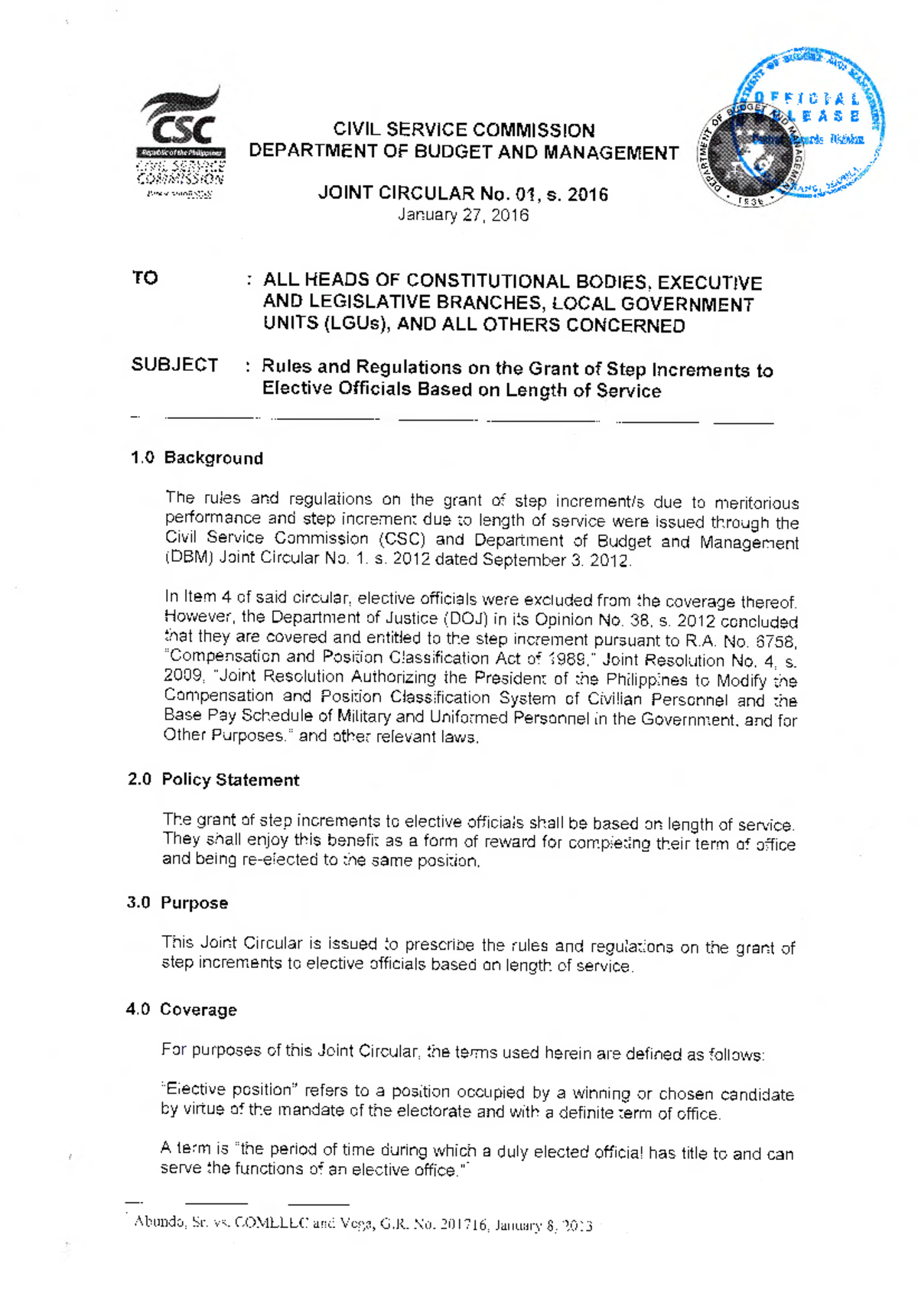 Joint Circular CSC-DBM NO. 01, S. 2016 – Rules AND Regulations ON THE ...