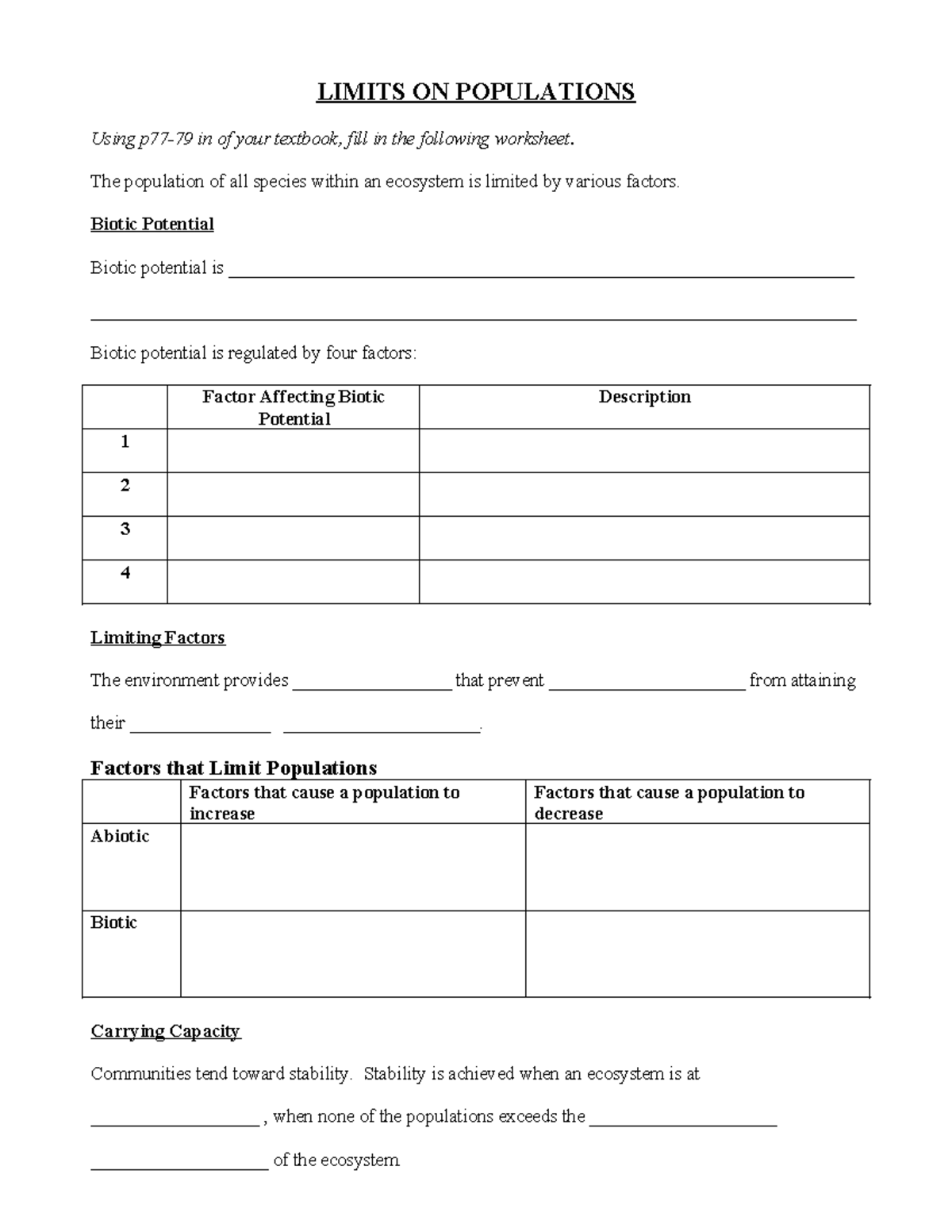 Limits on Populations - LIMITS ON POPULATIONS Using p77-79 in of your ...