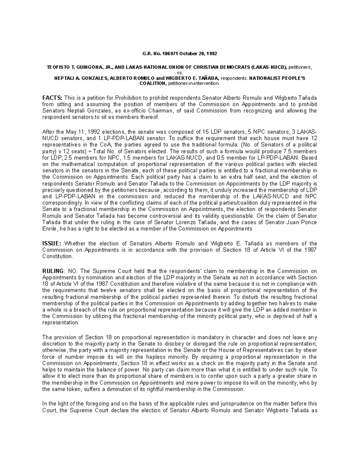 Conleg Guingona-vs-Gonzales-Sec-18 - G. No. 106971 October 20, 1992 ...
