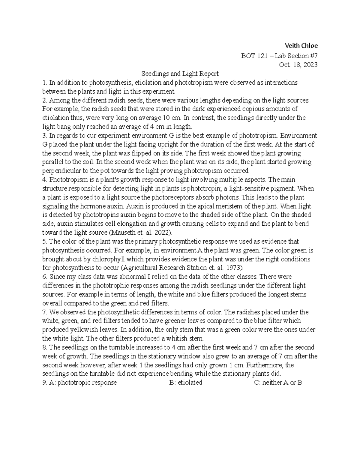 Seedlings & Light Report(Template) - Veith Chloe BOT 121 – Lab Section ...