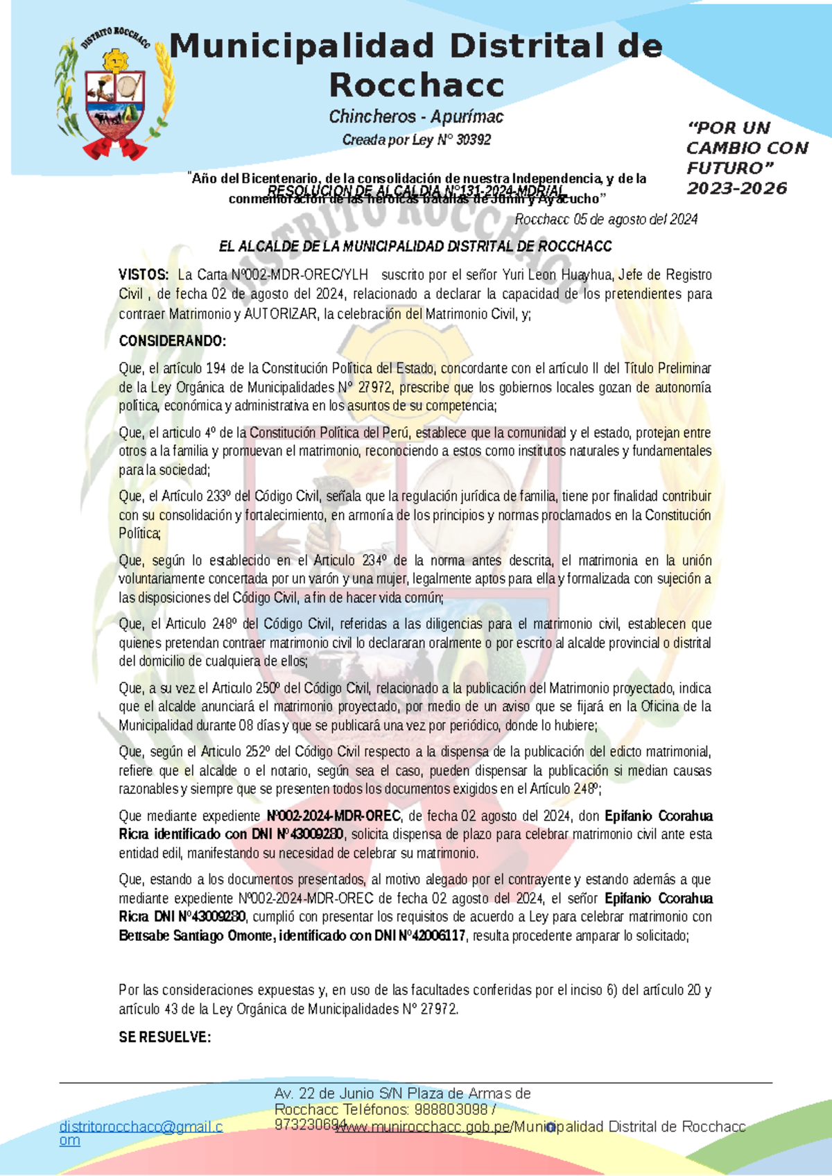 RES. Alcaldia Nº 131- 05-08-24 - Edicto Matrimonial Epifanio Y Bettsabe ...