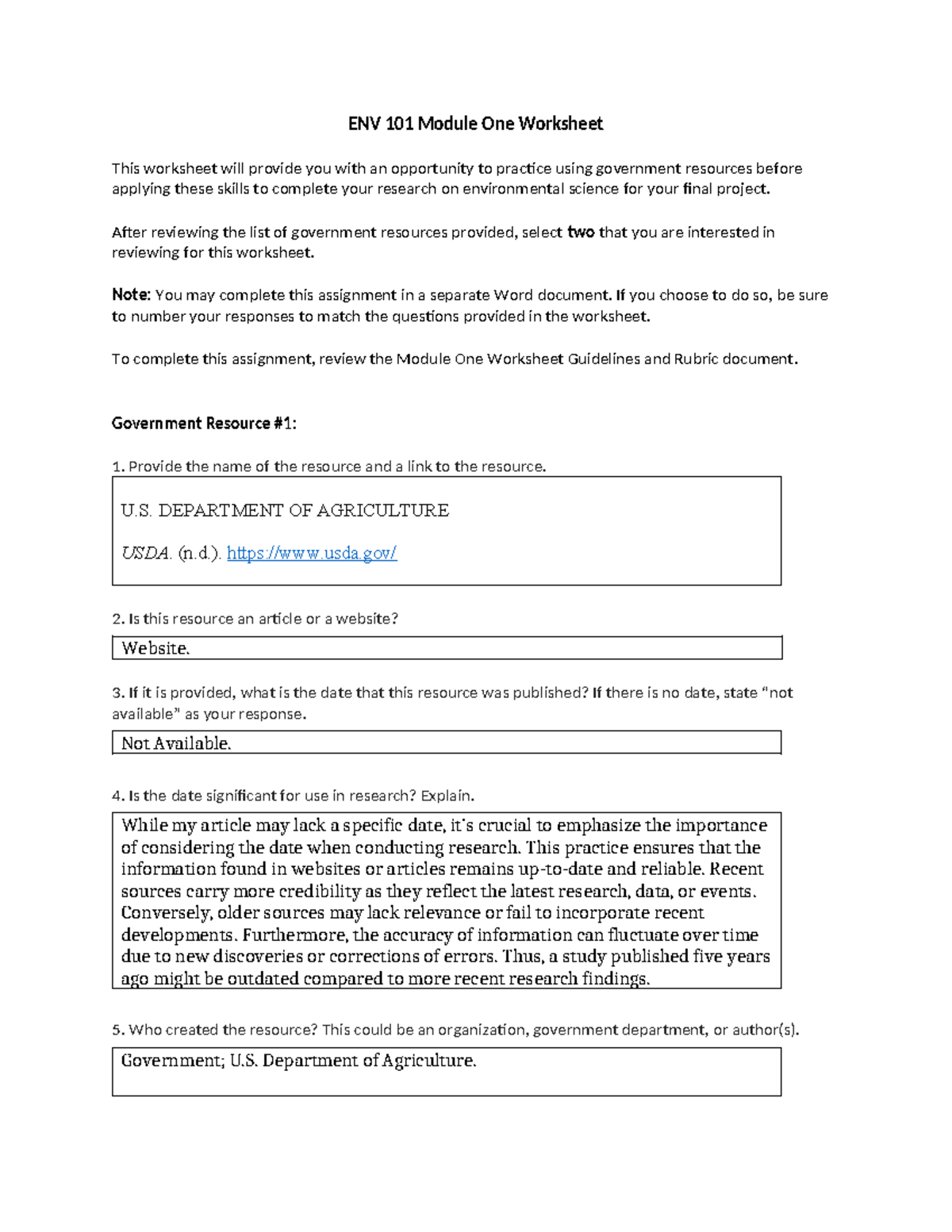 ENV 101 Module One Worksheet - ENV 101 Module One Worksheet This ...