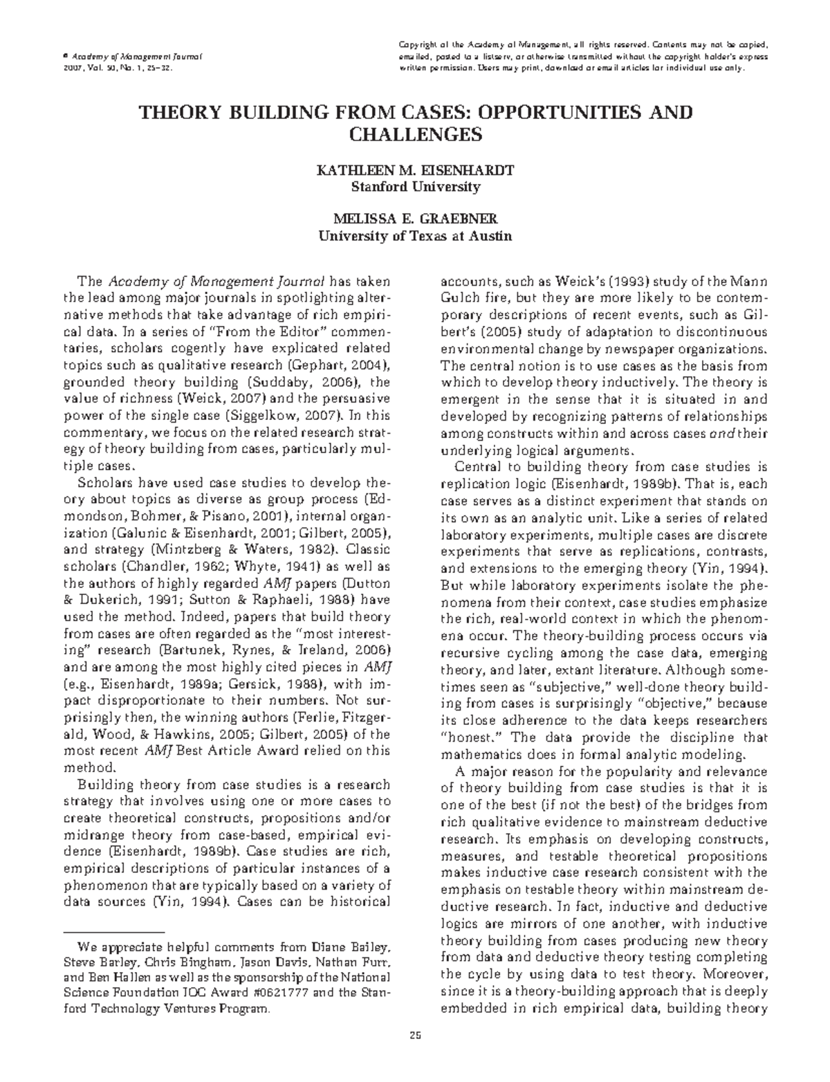 Cluster A1 Eisenhardt Graebner - Theory Building FROM Cases ...