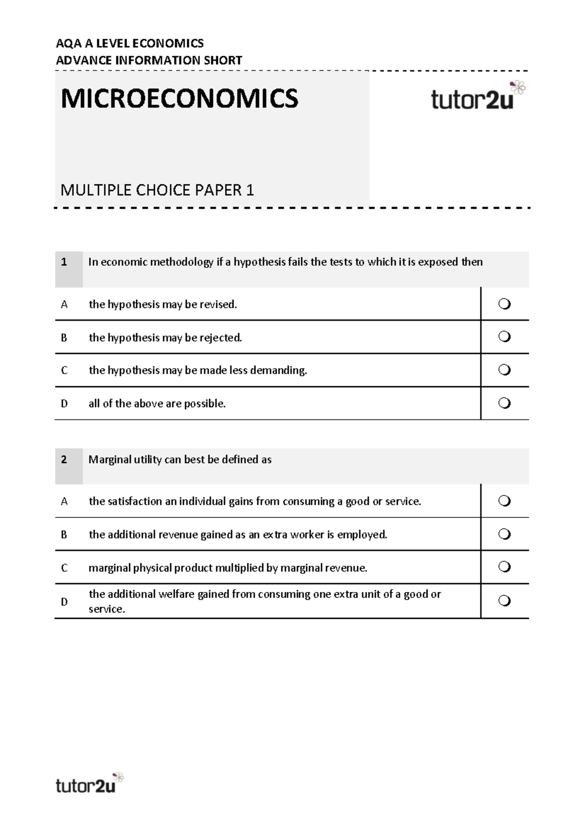 Micro MCQ Test 1 - ADVANCE INFORMATION SHORT MICROECONOMICS MULTIPLE ...