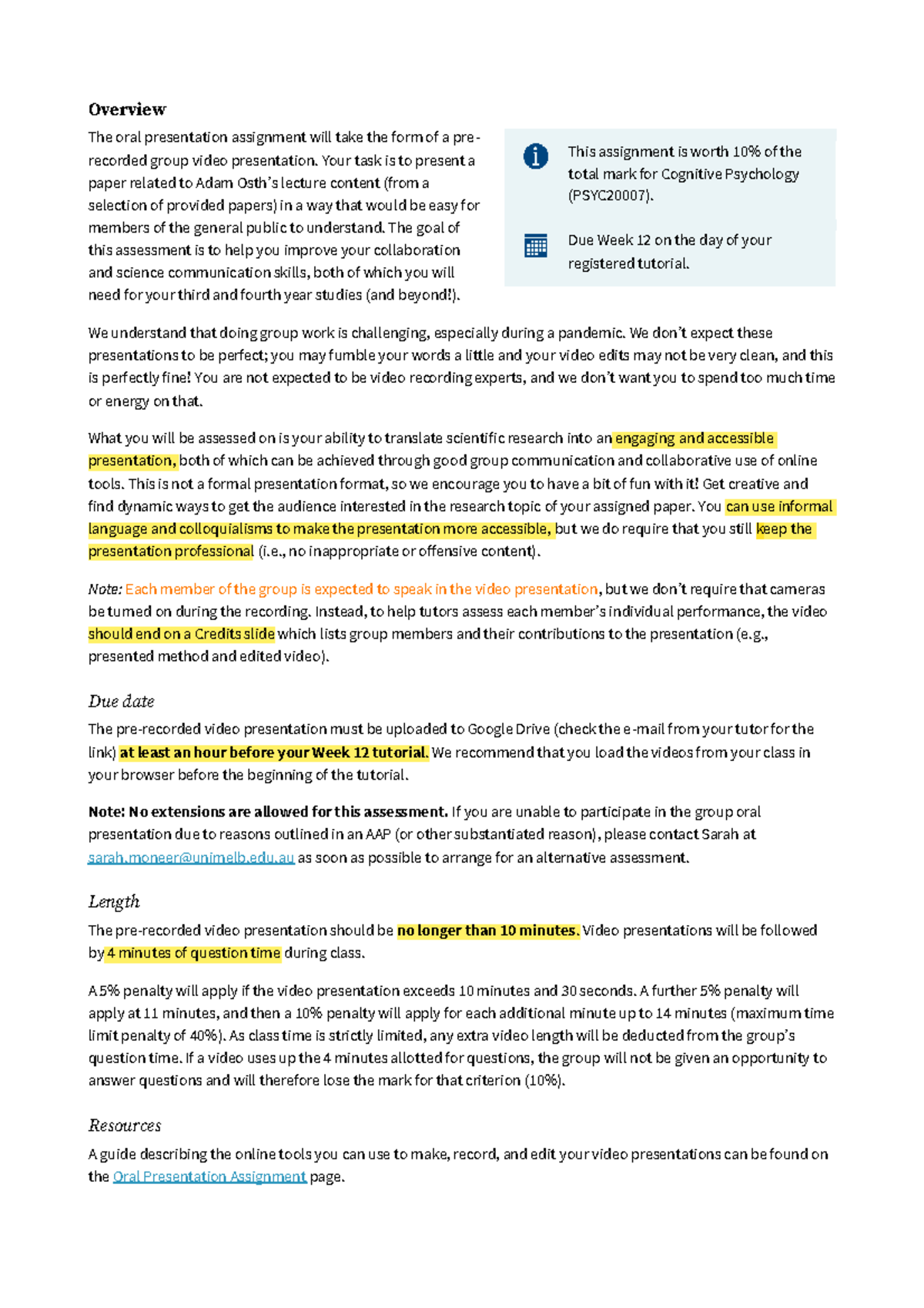 PSYC2007 oral presentation marking guide 2021 - Overview The oral ...