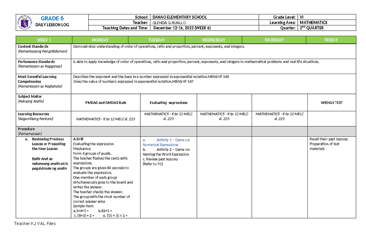 DLL-MATH6-WEEK-6 Q2-by-j - GRADE 6 DAILY LESSON LOG School: DANAO ...