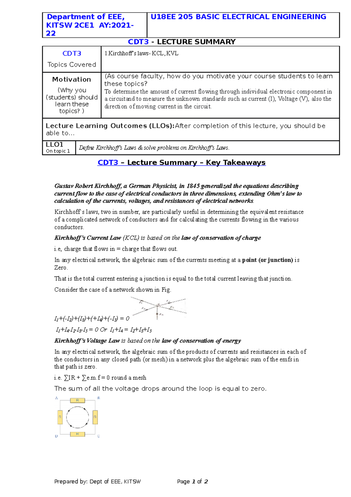 BEE 3 Summary - Notes for bee - Department of EEE, KITSW 2CE1 AY:2021 ...