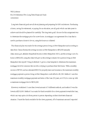 FIN 250 Milestone Two - Milestone Two: Long-Term Financial Goals ...