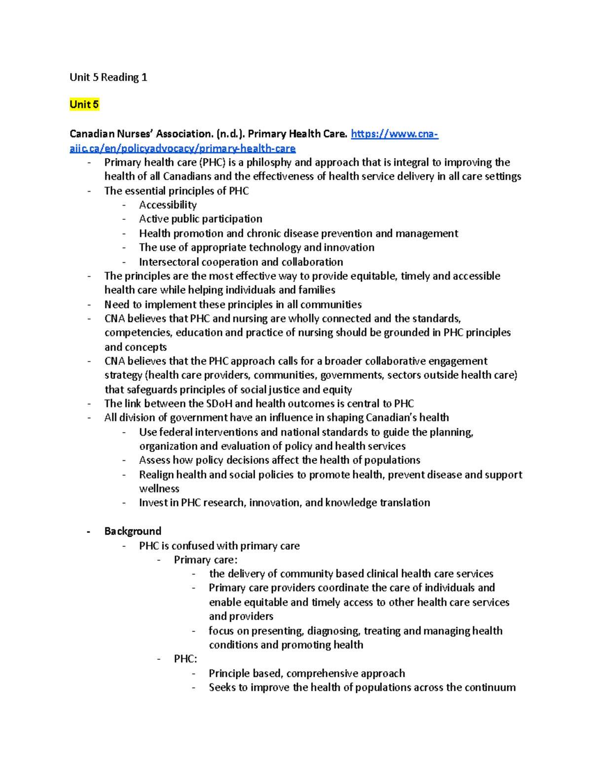 Unit 5 Reading 1 - Unit 5 Reading 1 Unit 5 Canadian Nurses’ Association ...