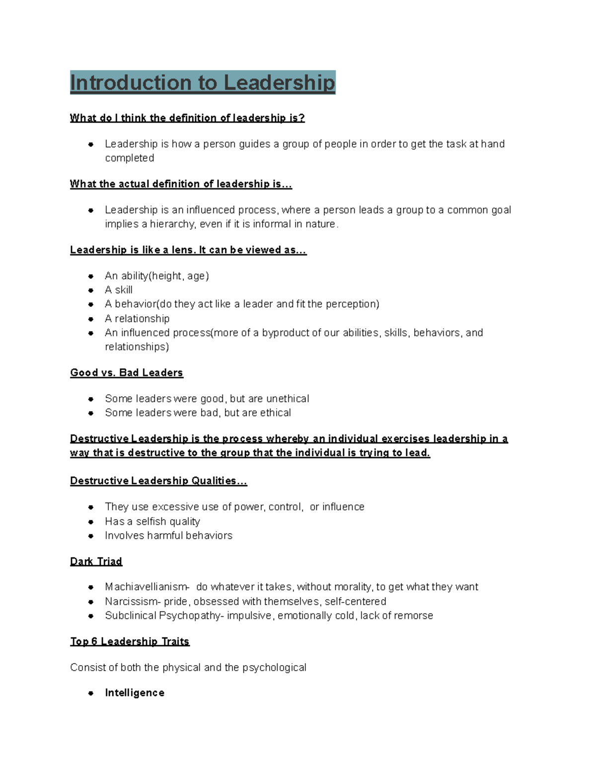 LP 1010- Intro to Leadership- Notes - Introduction to Leadership What ...