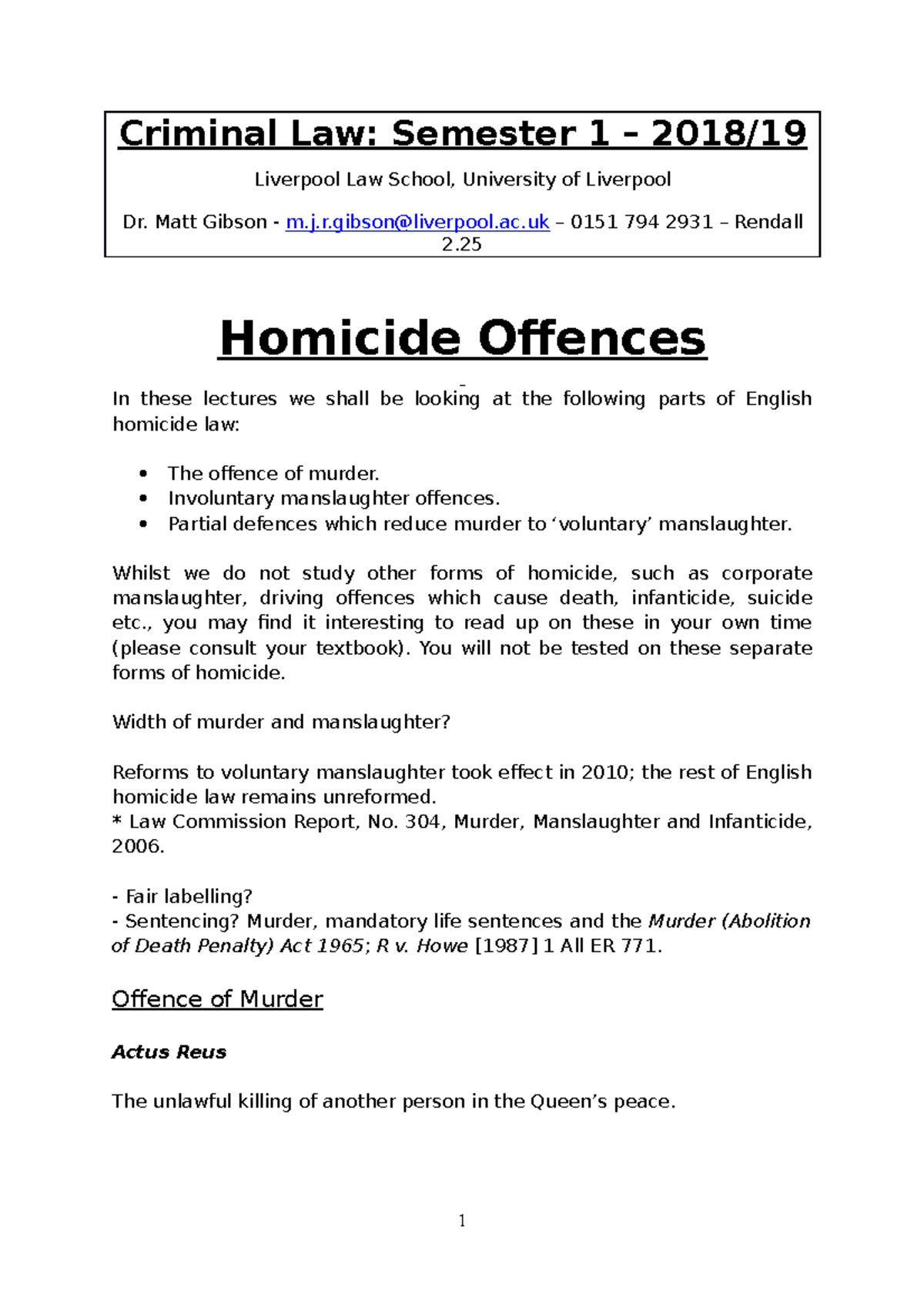 Homicide Handout - Criminal Law: Semester 1 – 2018/ Liverpool Law ...
