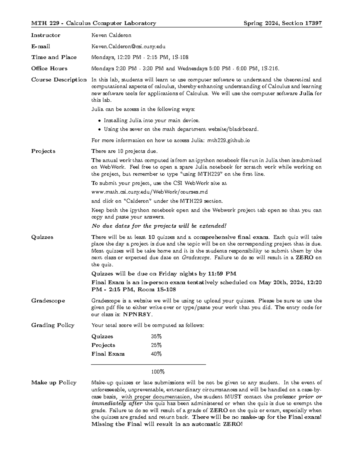 MTH229 Syllabus Sp24 - xxxx - MTH 229 - Calculus Computer Laboratory Spring 2024, Section 17397 ...