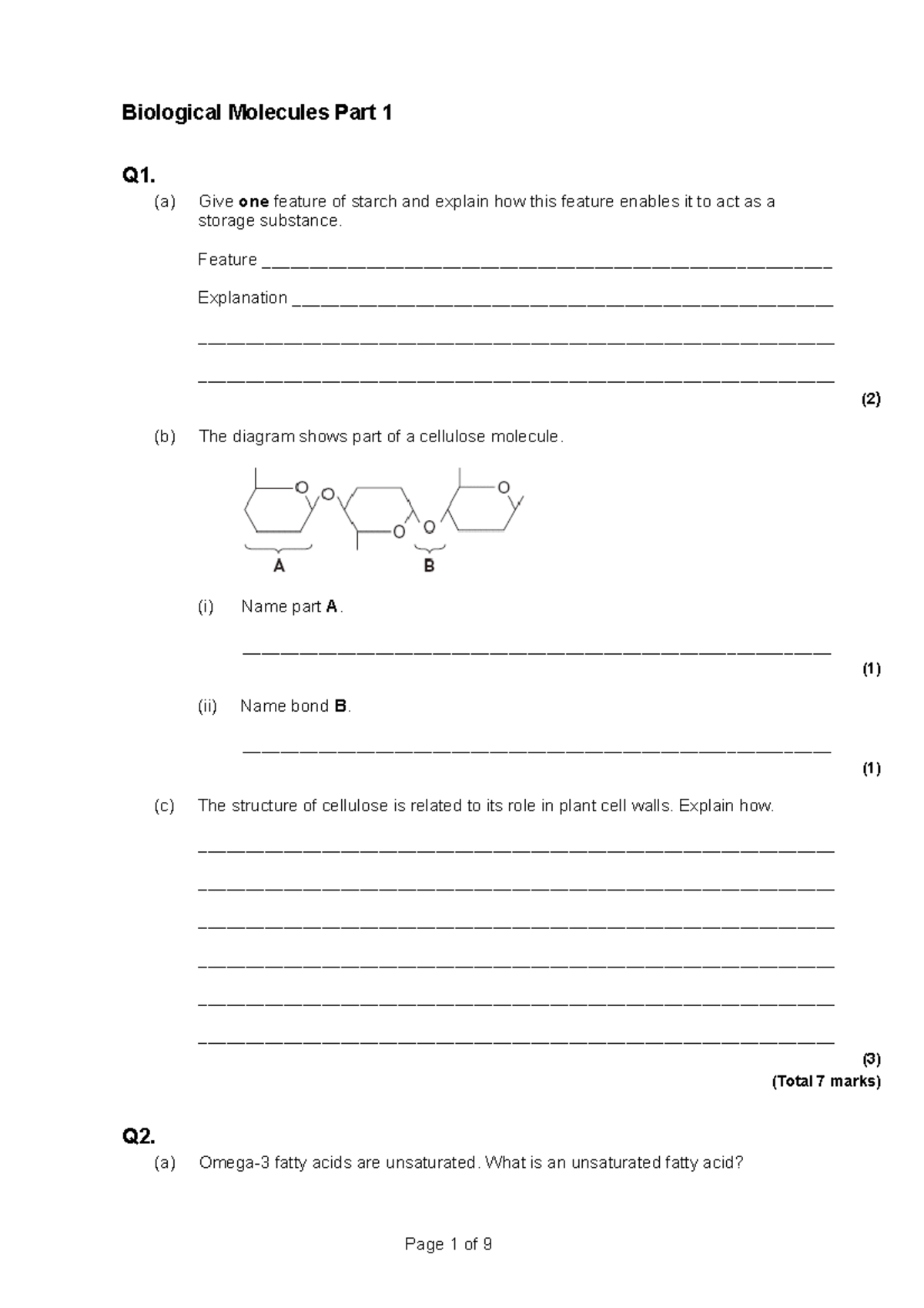Biology Carbohydrate questions to week number 2 - BIO00004I - York ...