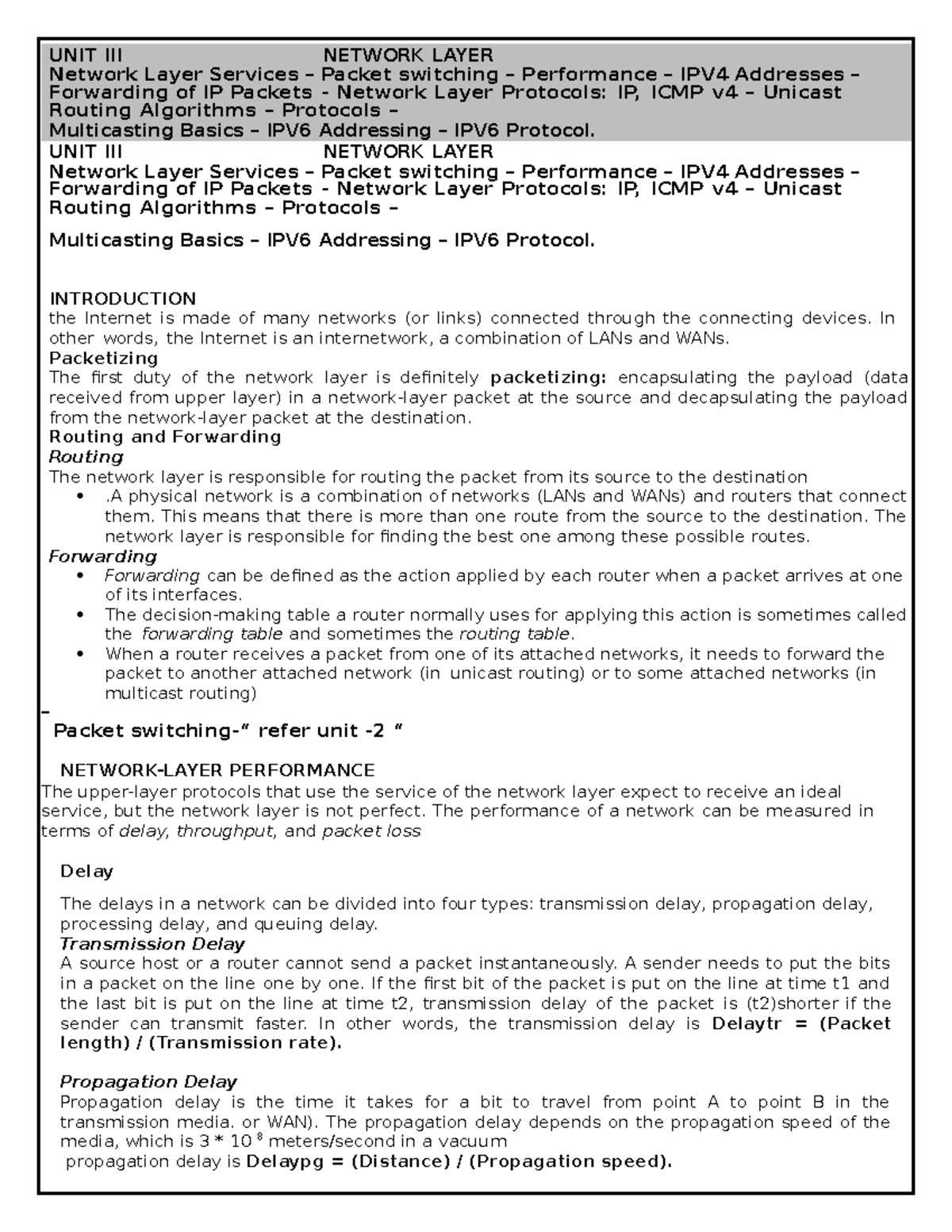 Unit Iiinetwork Layer Notes Unit Iii Network Layer Network Layer