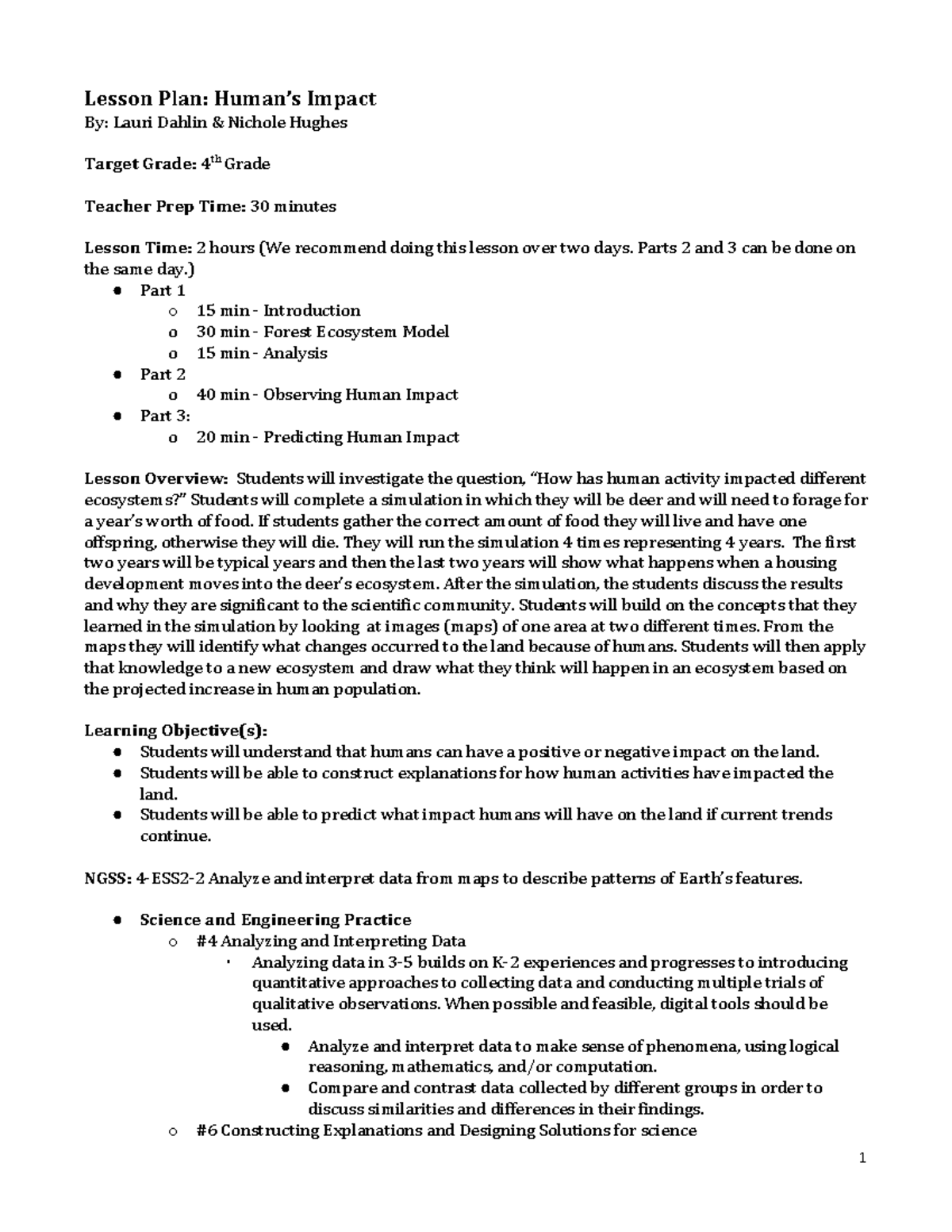 Human Impact Lesson Plan - Lesson Plan: Human’s Impact By: Lauri Dahlin ...