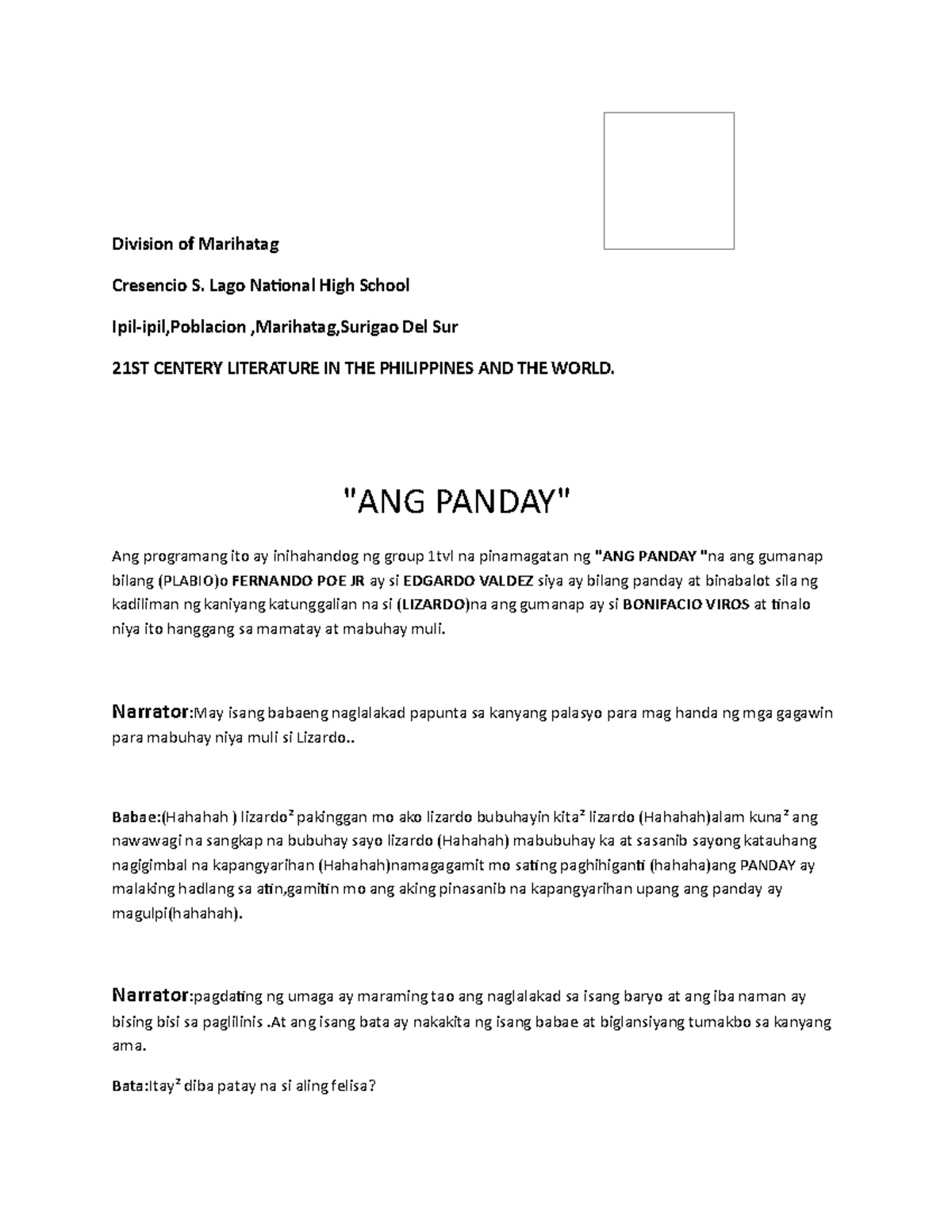 ANG Panday- Grade 11-TVL Movie Script - Division of Marihatag Cresencio S. Lago National High ...