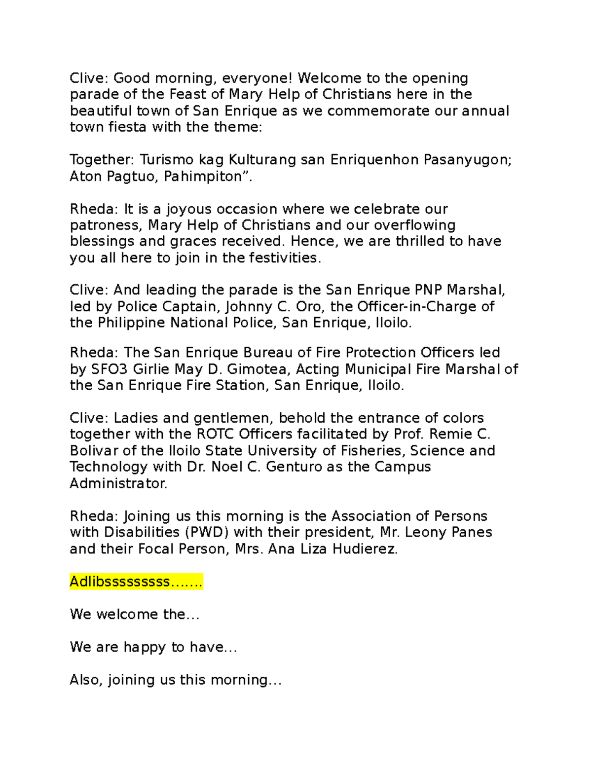 Emceeparade - SCRIPT - Clive: Good morning, everyone! Welcome to the ...