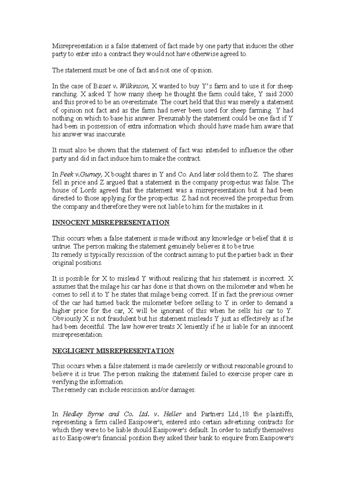 Misrepresentation - The statement must be one of fact and not one of ...