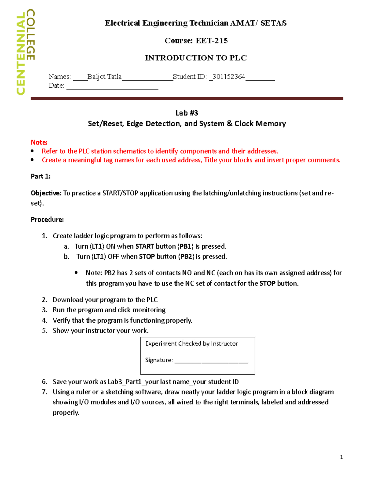 EET215 Lab 3 Edge Detection & Memory BIts - Electrical Engineering Technician AMAT/ SETAS Course ...