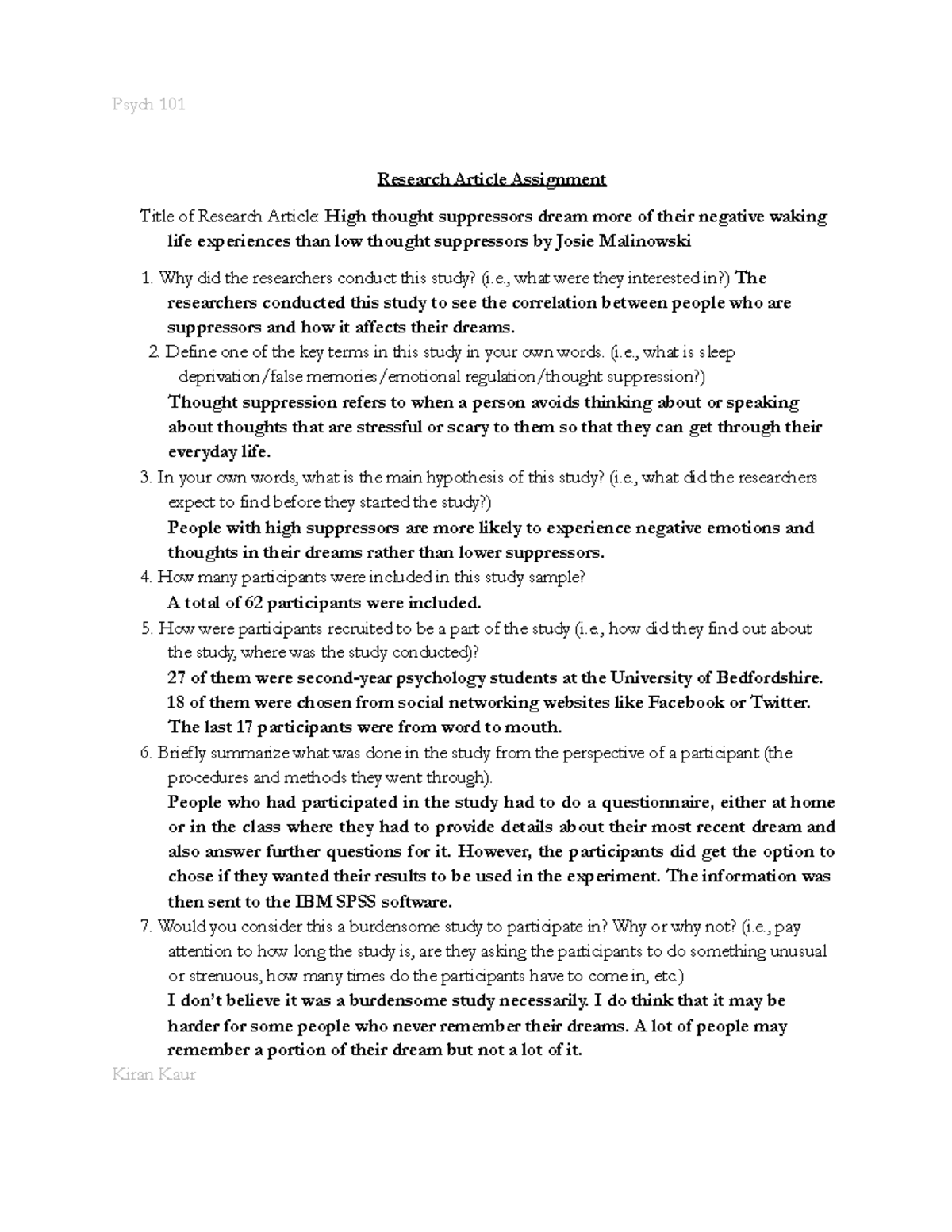 PSYCH 101 - Research Article Assignment - Google Docs - Psych 101 Research Article Assignment ...