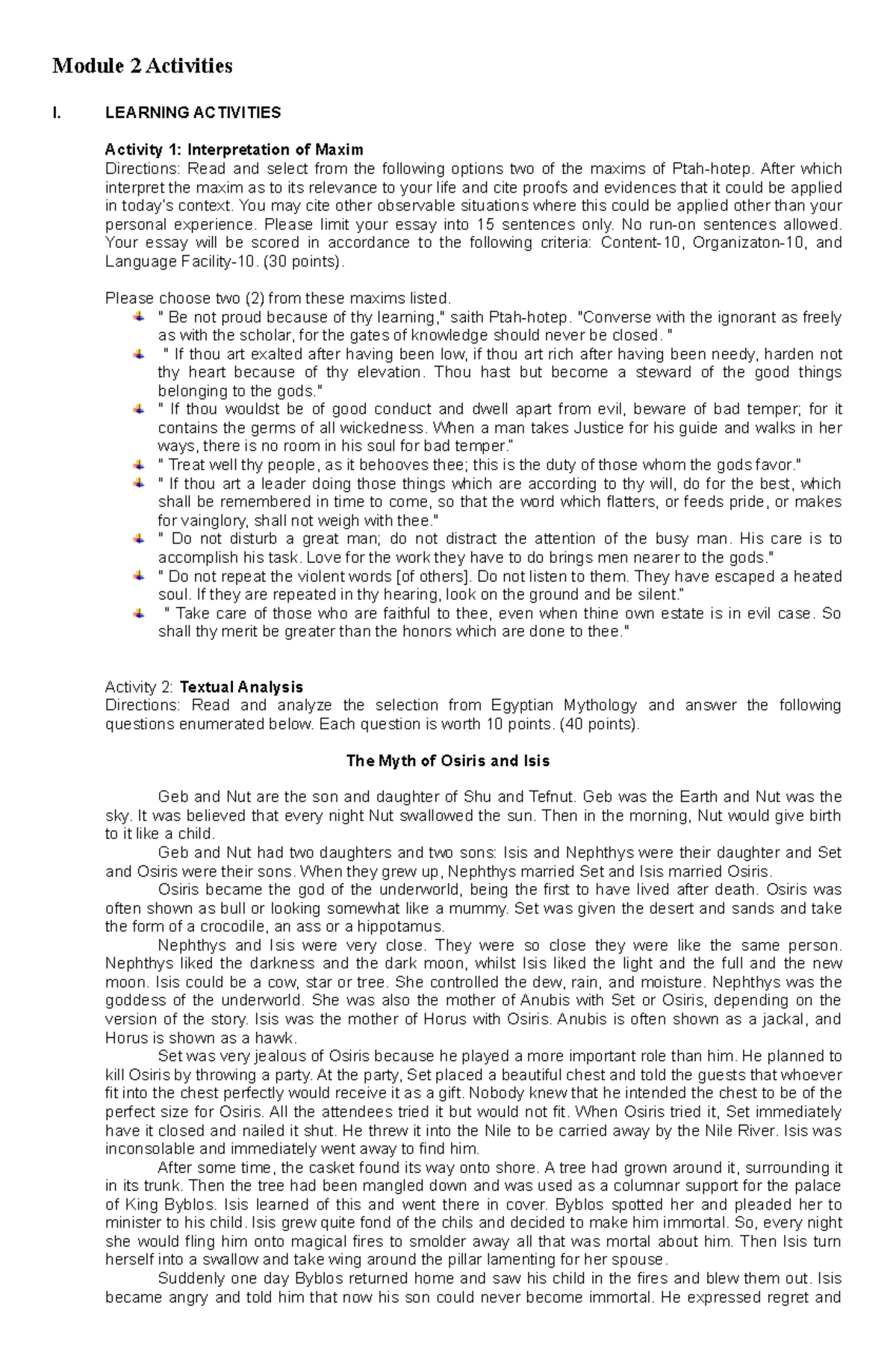 Afro Module-2-Activities - Module 2 Activities I. LEARNING ACTIVITIES ...