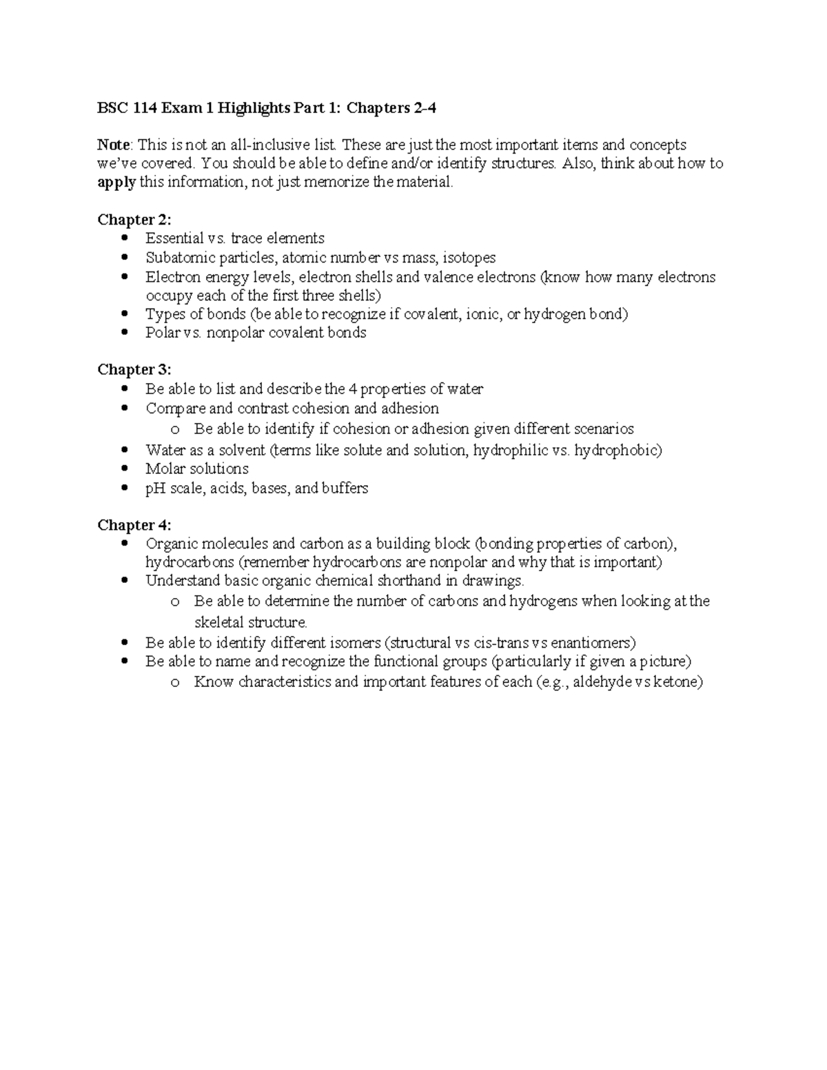 Exam 1 Highlights Part 1 - BSC 114 Exam 1 Highlights Part 1: Chapters 2 ...