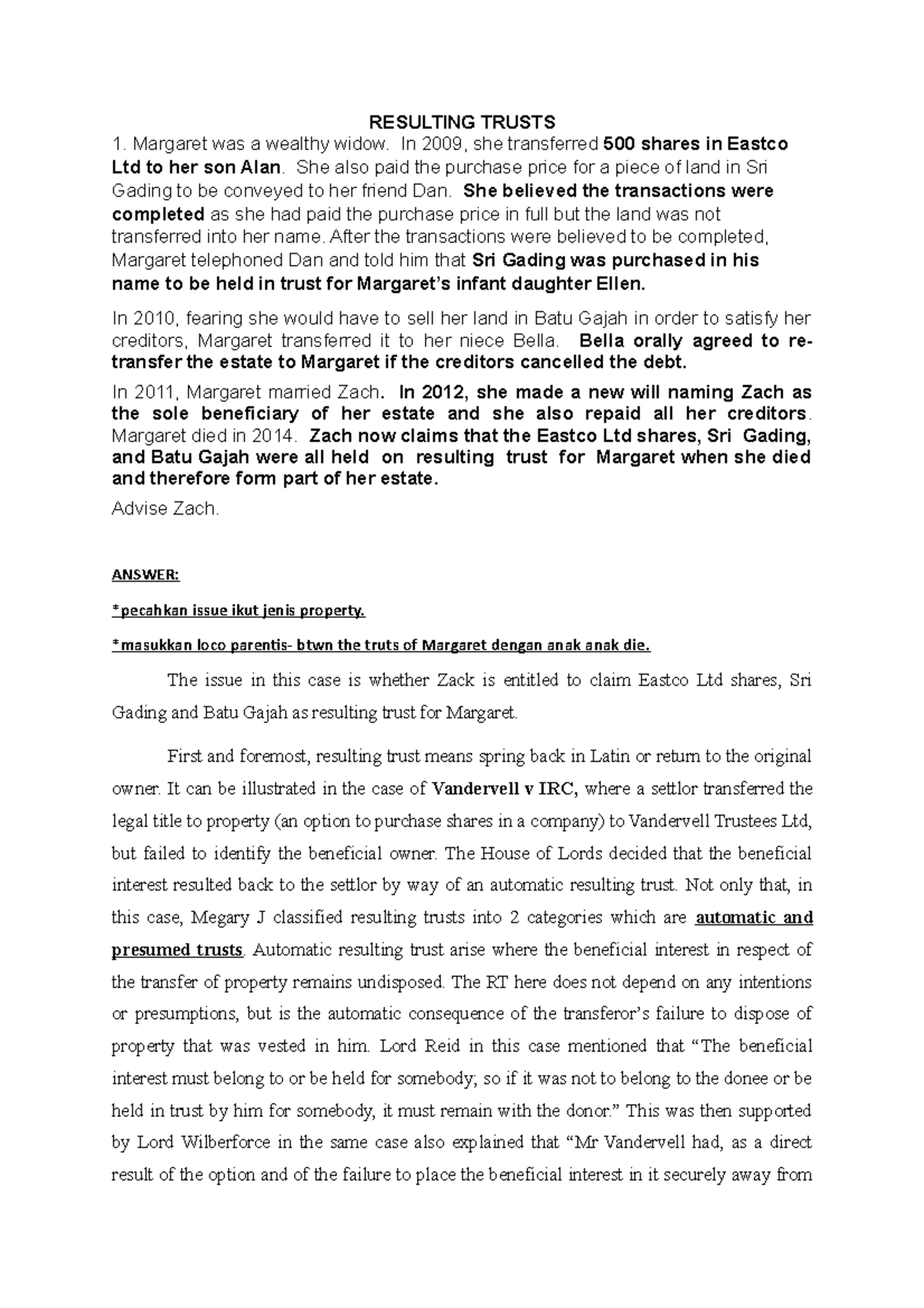 WEEK 12. RESULTING TRUST - RESULTING TRUSTS Margaret was a wealthy ...