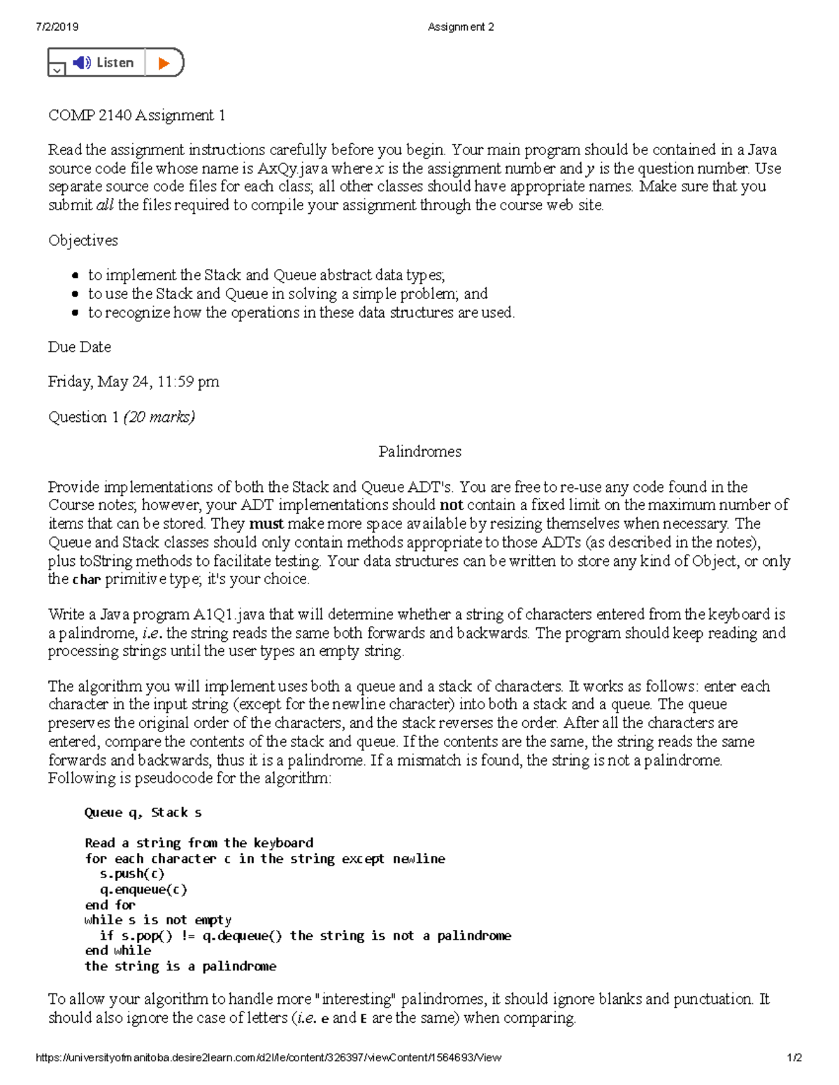 Assignment 1-summer 2019 - Assignment 2 Listen COMP 2140 Assignment 1 ...