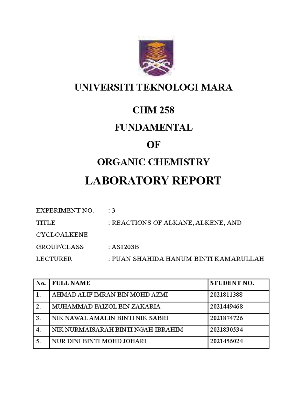 Report CHM Experiment 3 - UNIVERSITI TEKNOLOGI MARA CHM 258 FUNDAMENTAL ...