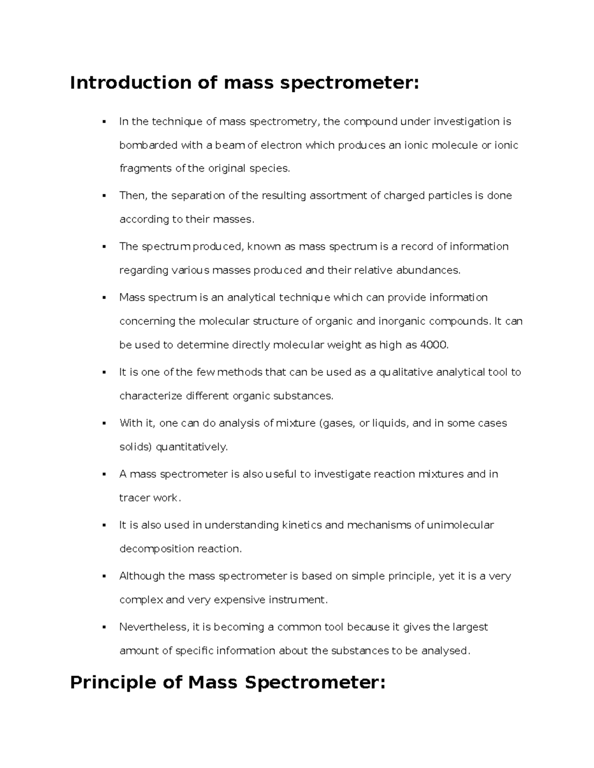 Biology Science 142 - Introduction of mass spectrometer: In the ...