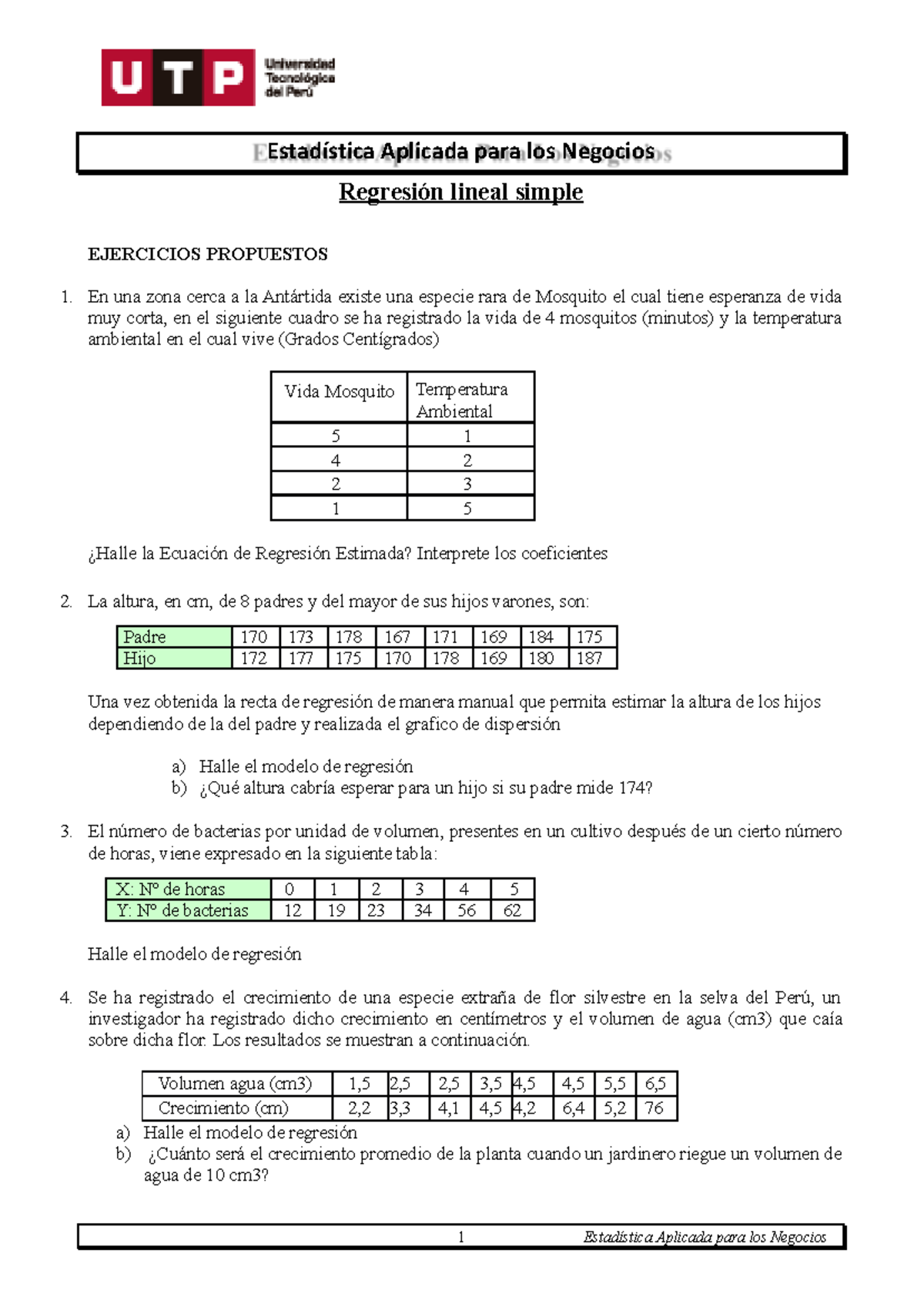 S15.s1 - Resolver ejercicios - Estadística Aplicada para los Negocios Regresión lineal simple ...