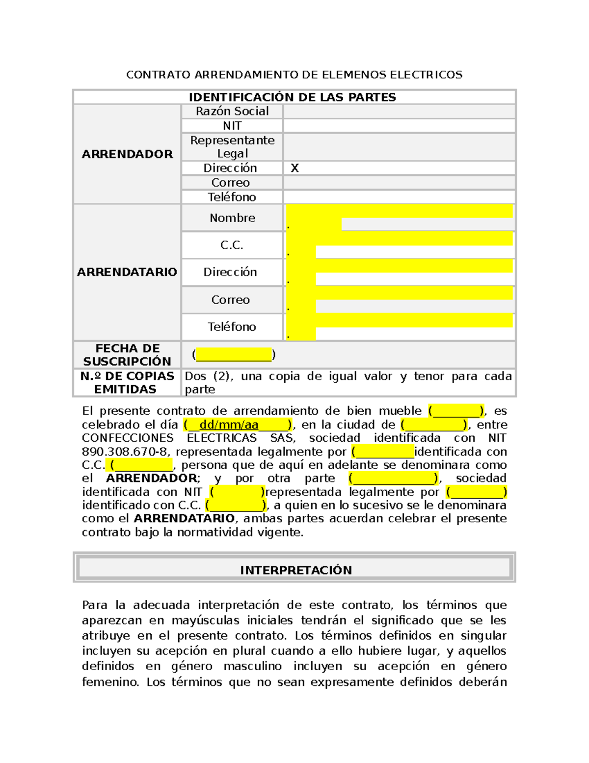 Contrato Arrendamiento DE Elemenos Electricos - CONTRATO ARRENDAMIENTO ...