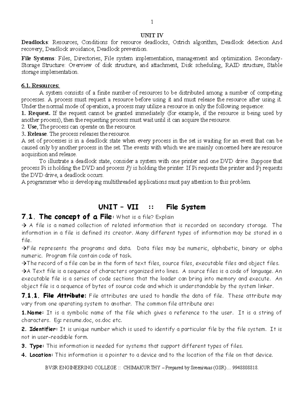 OS R19 UNIT 4 - RFTERGYTH7U8Y9 - 1 UNIT IV Deadlocks: Resources, Conditions for resource ...