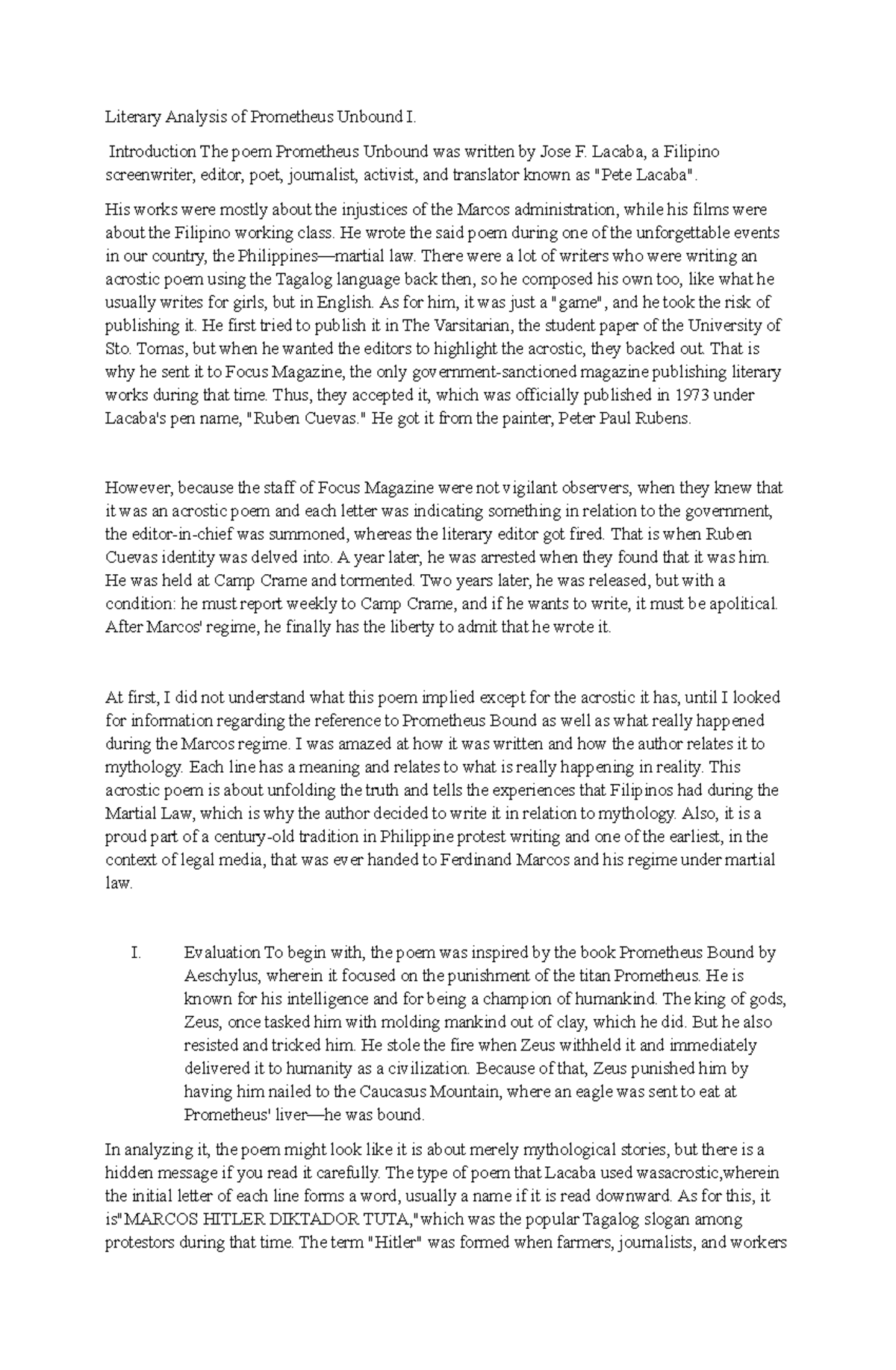 Literary Analysis of Prometheus Unbound I - Introduction The poem ...